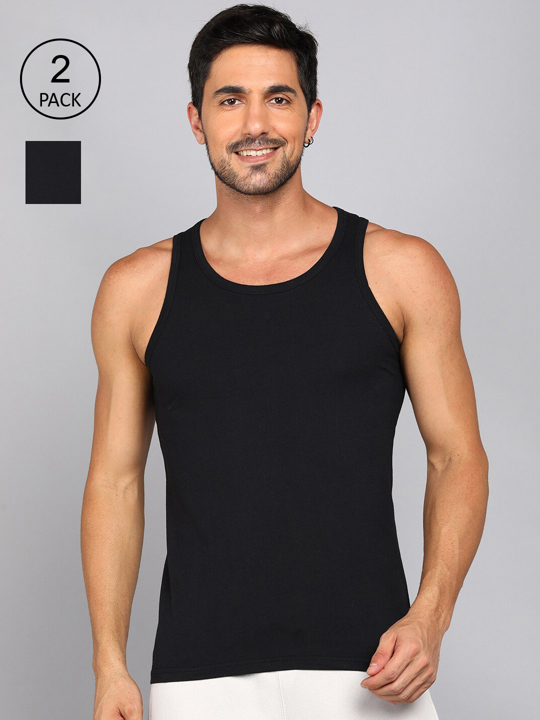 Buy Roadster Men Pack Of 2 Black Solid Pure Cotton Innerwear Vest ...