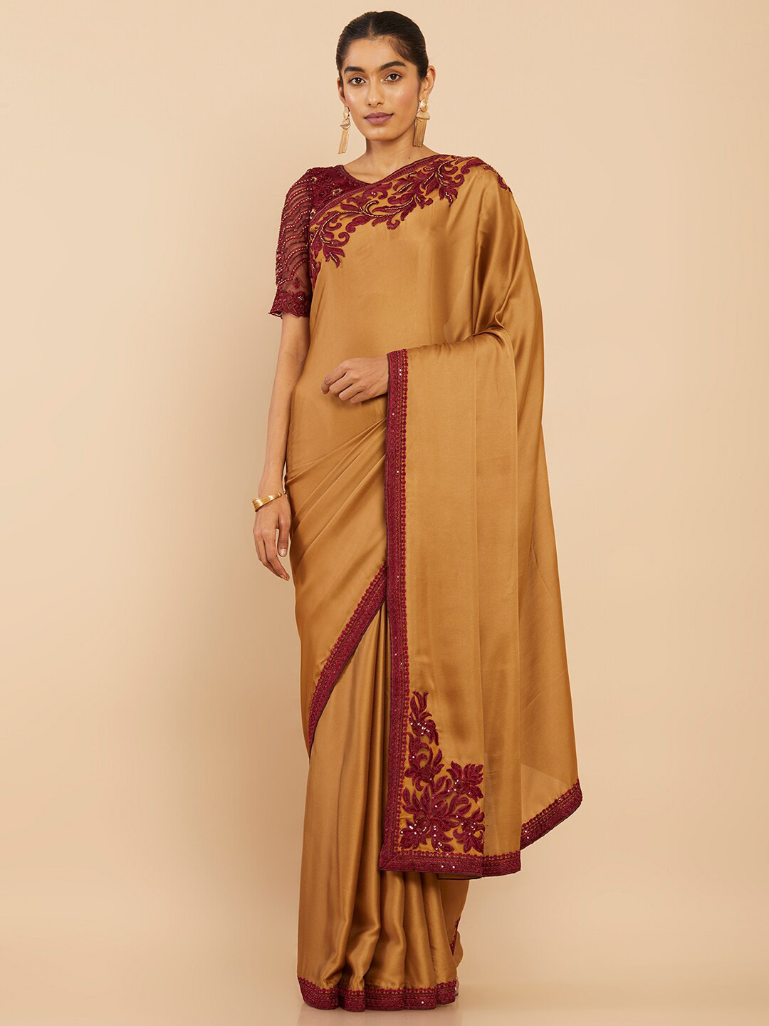 Buy Soch Gold Toned & Maroon Sequinned Pure Georgette Saree - Sarees ...