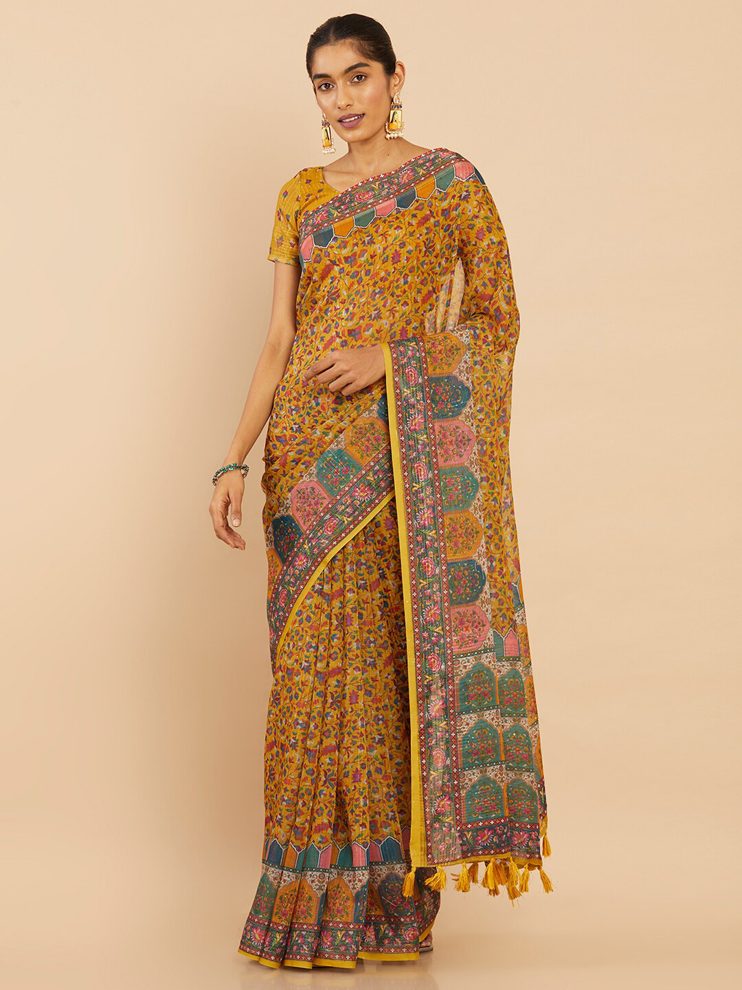 Buy Soch Mustard & Green Ethnic Motifs Pure Linen Saree - Sarees for ...