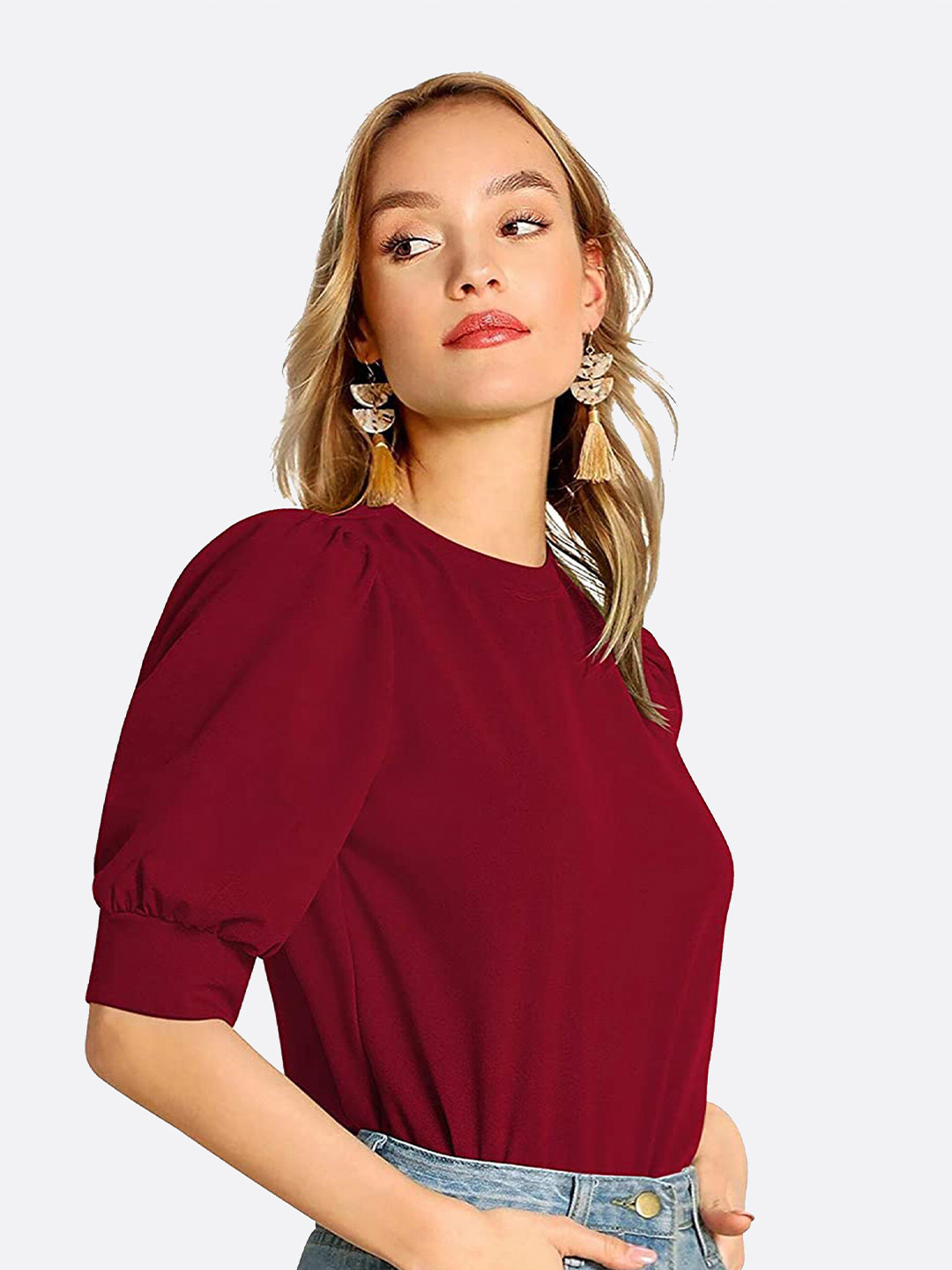 Buy LONDON BELLY Women Maroon Solid Puff Sleeves Casual Top - Tops for ...