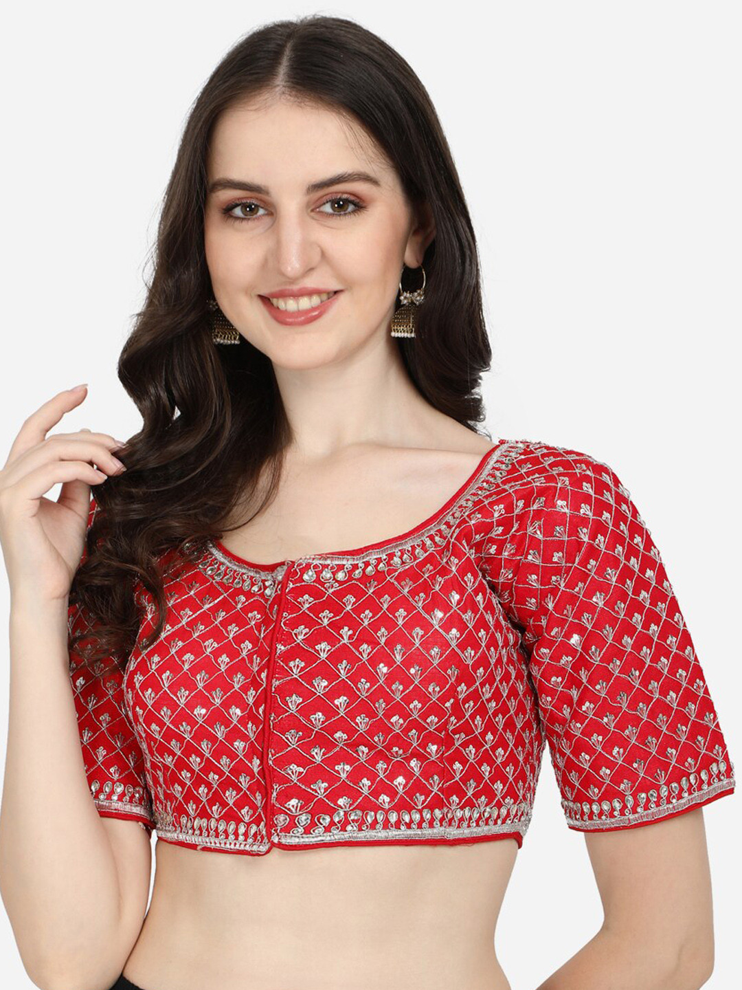 Buy Fab Viva Red Embroidered Round Neck Saree Blouse - Saree Blouse for ...