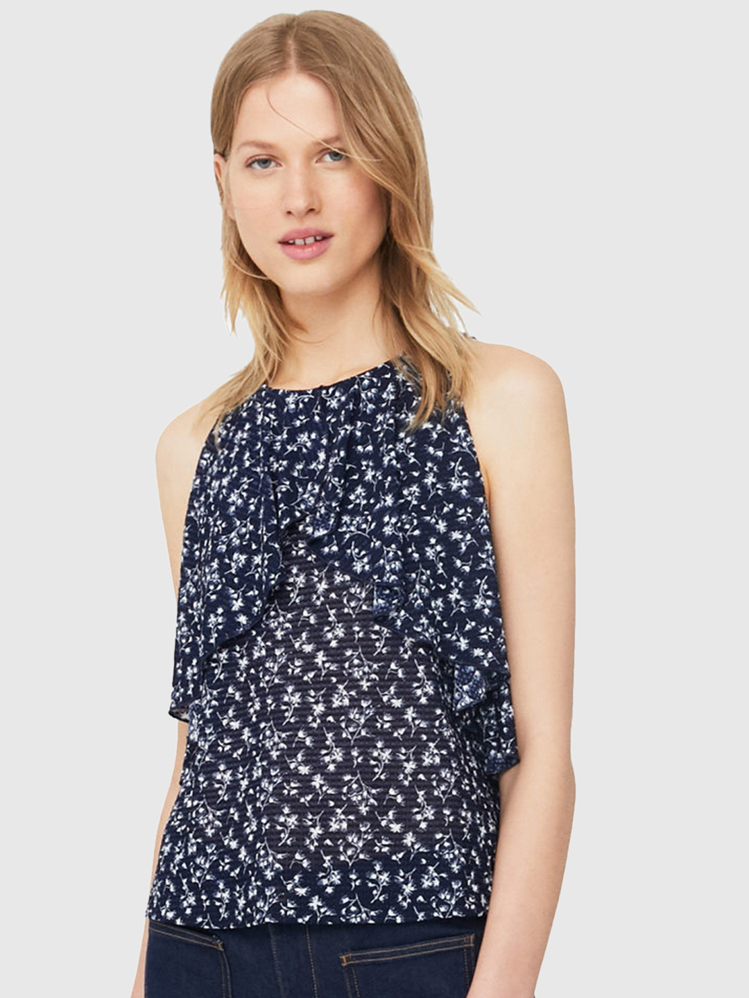 Buy MANGO Women Navy Blue Printed A Line Top - Tops for Women 2001360 ...