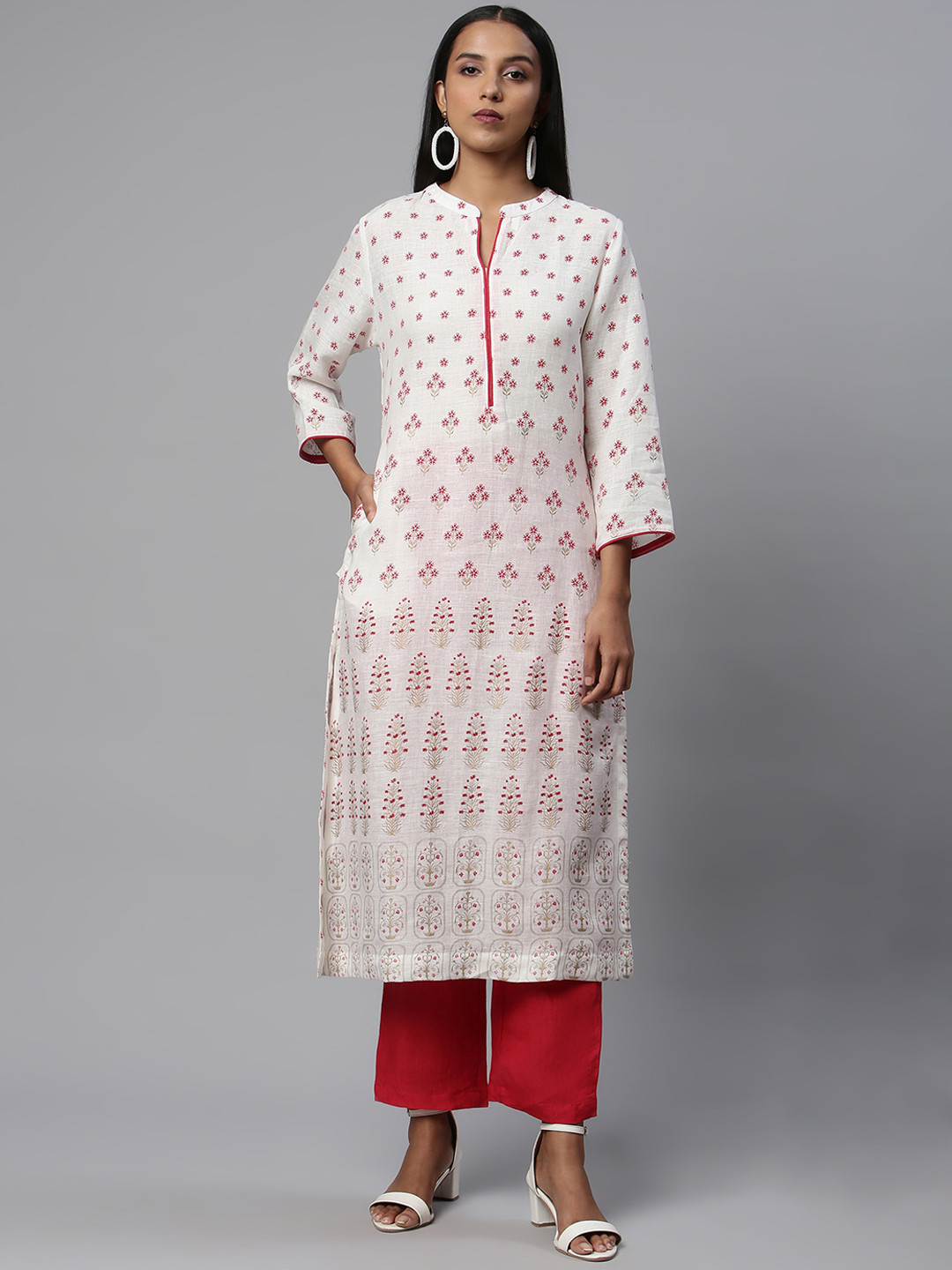 Buy Linen Club Woman Off White & Red Ethnic Motifs Printed Kurta ...
