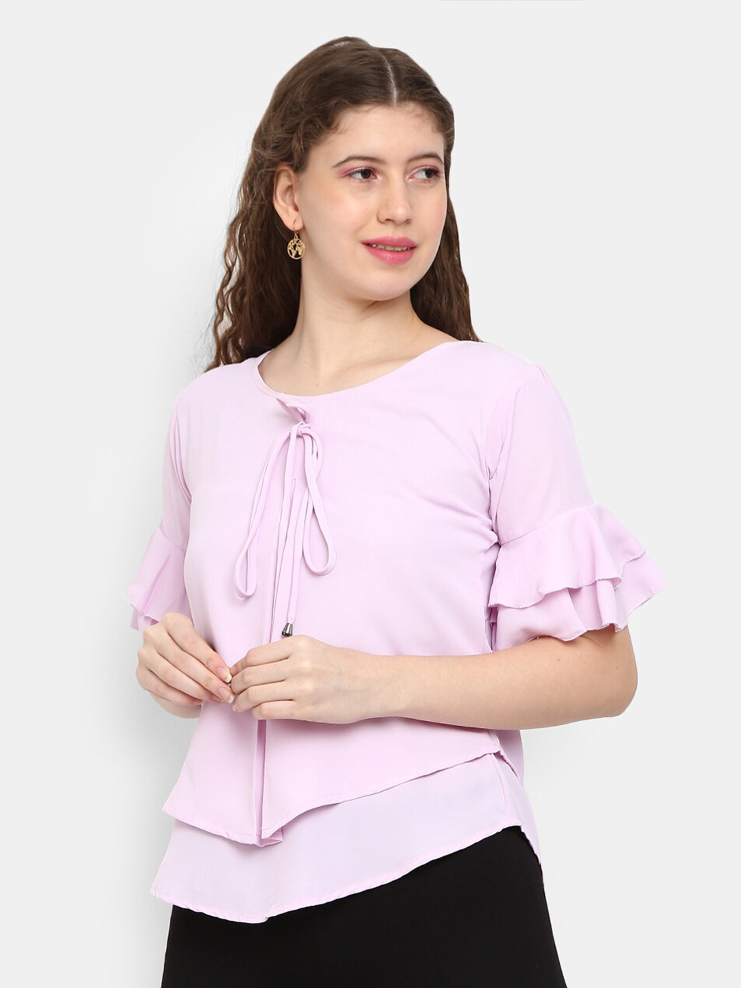 Buy V Mart Women Purple Solid Tie Up Neck Pure Cotton Layered Top ...