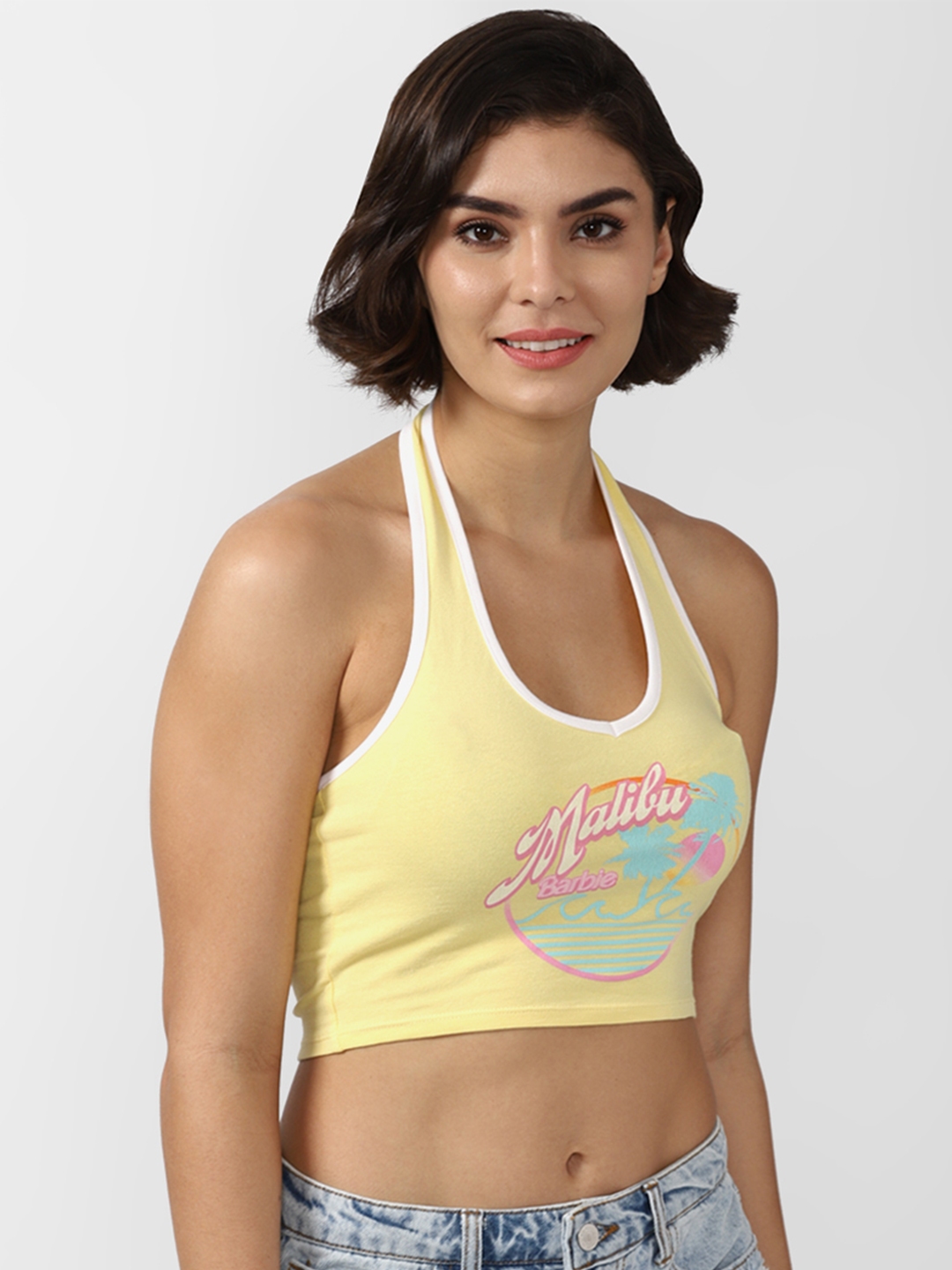 Buy Forever 21 Women Yellow Print Halter Neck Bralette Crop Top Tops