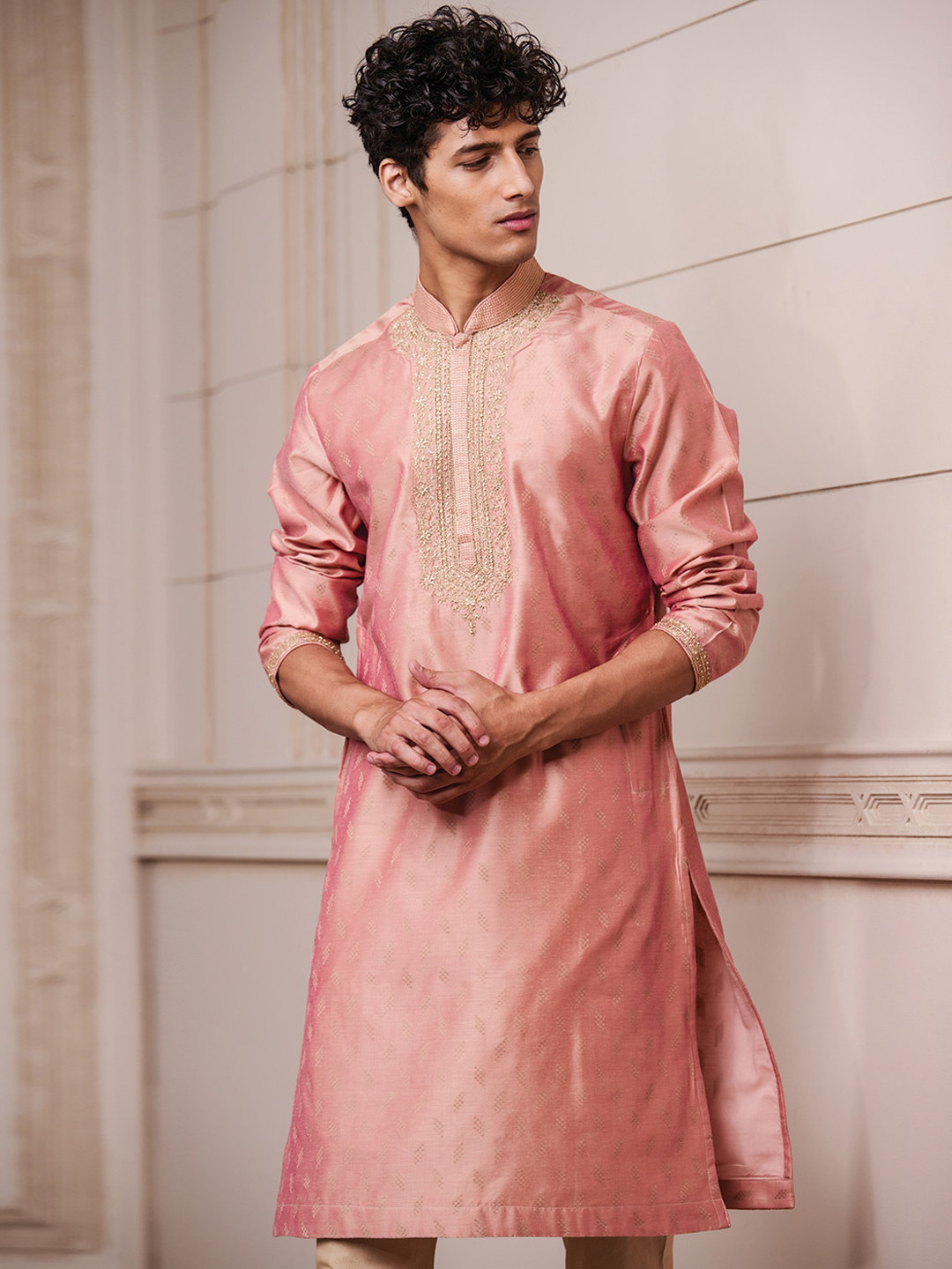 Buy Tasva Men Textured Embroidered Detail Silk Jacquard Kurta Set ...