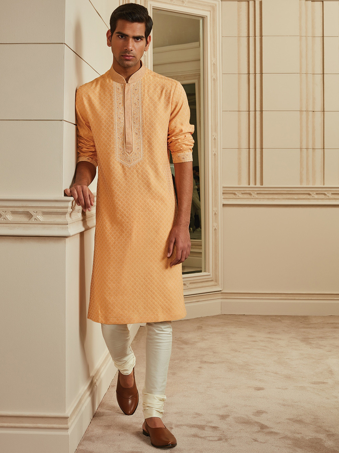Buy Tasva Men Orange Thread Work Kurta Set With Churidar - Kurta Sets ...