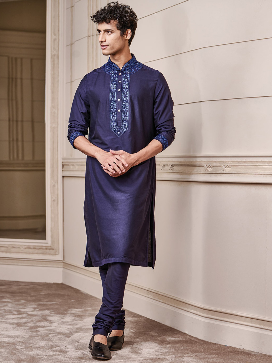 Buy Tasva Men Navy Blue Ethnic Motifs Embroidered Yoke Design Kurta With Churidar - Kurta Sets ...