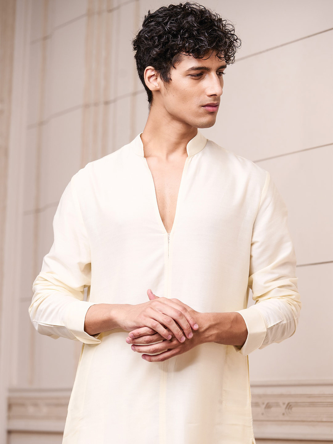 Buy Tasva Men Off White Solid Open Collar Kurta - Kurtas for Men ...