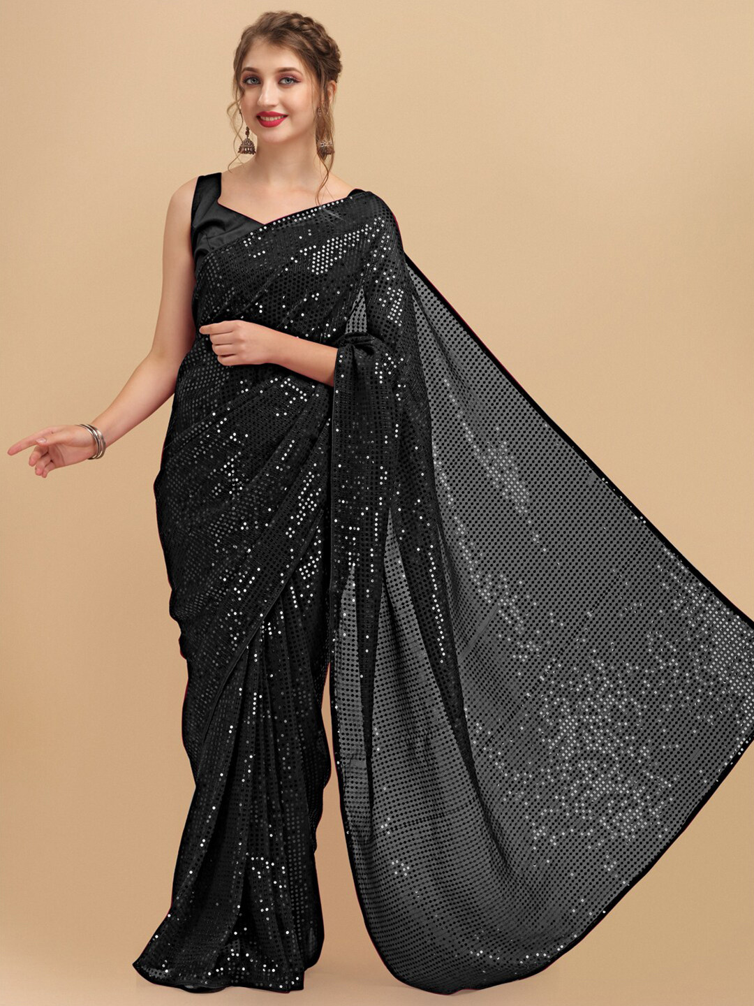 Buy Sangria Black Embellished Sequinned Pure Georgette Saree - Sarees ...