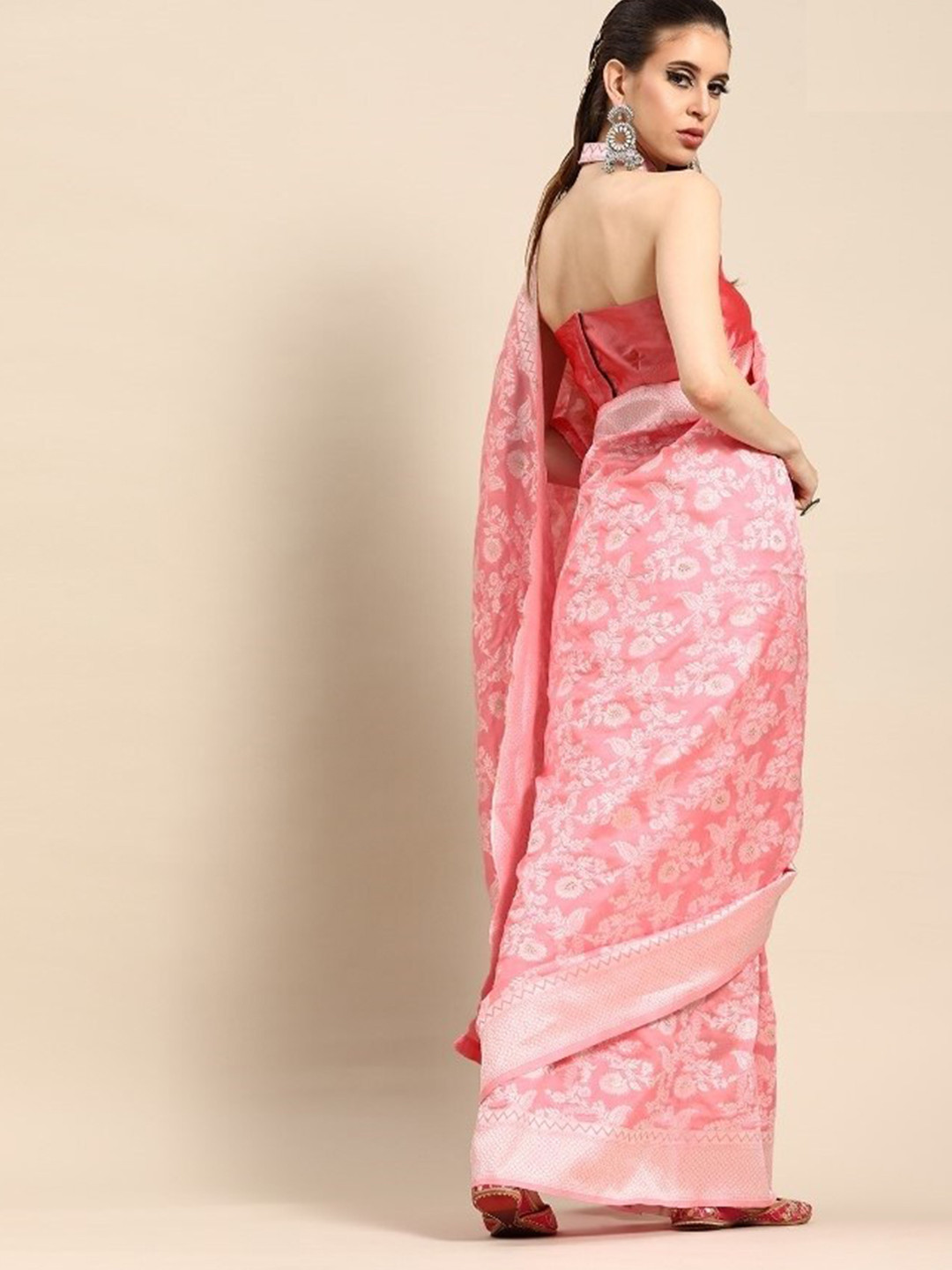 Buy HERE&NOW Rose & White Woven Design Zari Pure Silk Saree - Sarees ...