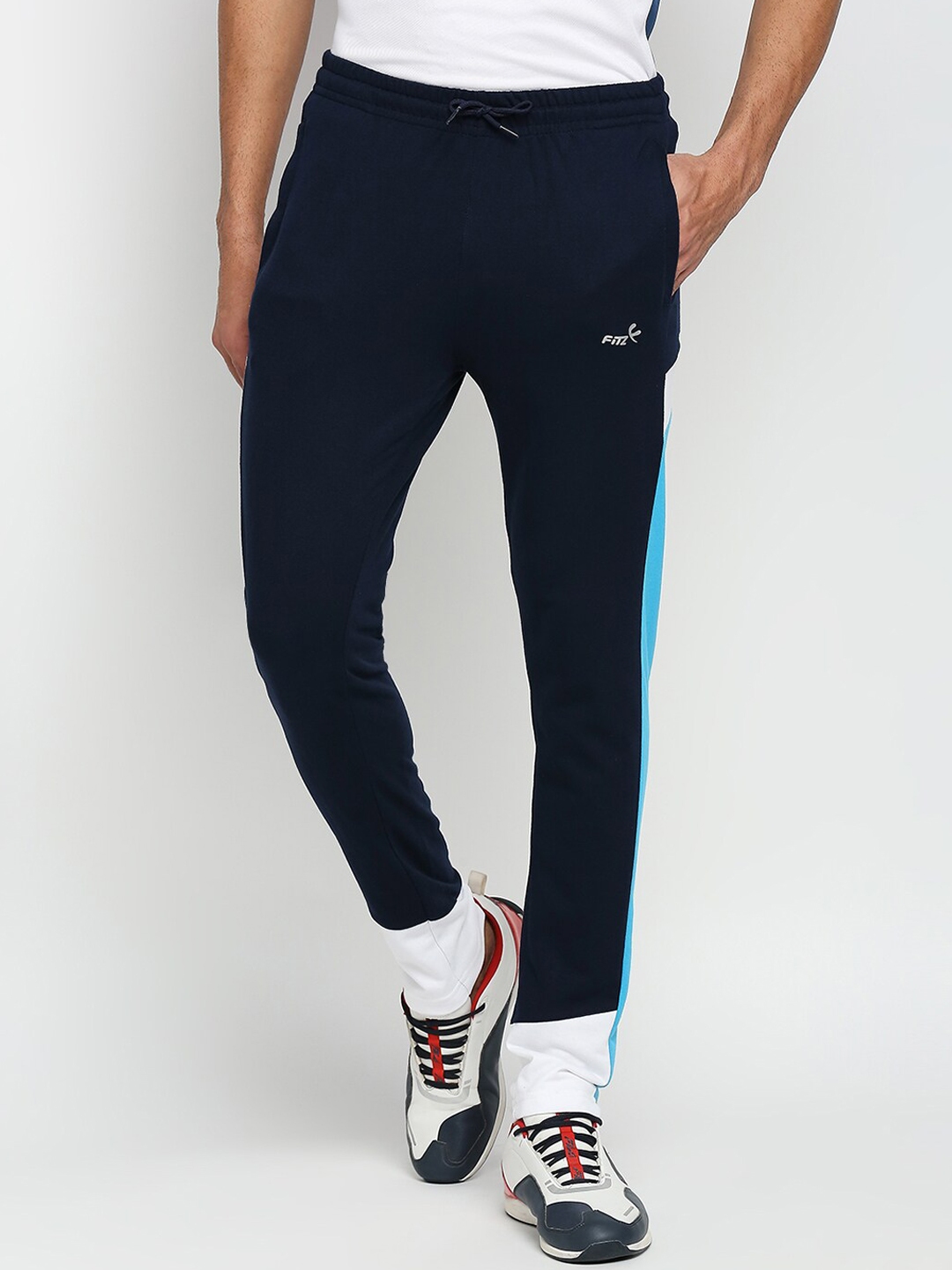 Buy Fitz Men Navy Blue Side Stripe Anti Odour Slim Fit Track Pant