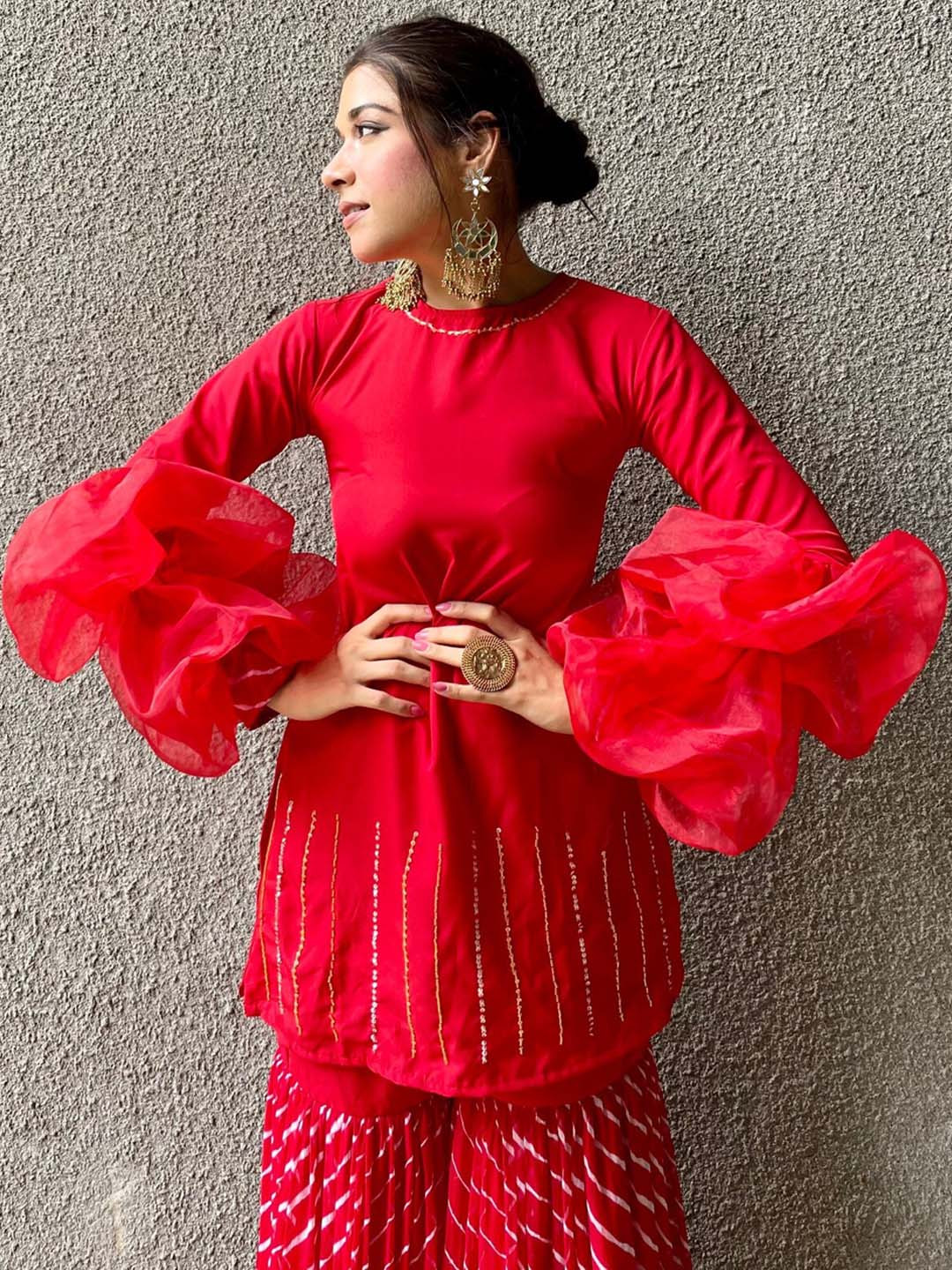 Buy Thread & Button Women Leheriya Fusion Pure Cotton Kurta With Sharara - Kurta Sets for Women ...