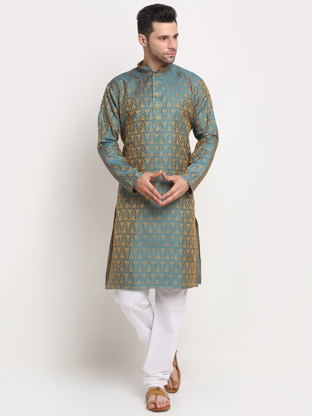Buy KRAFT INDIA Men Blue & Gold Toned Ethnic Motifs Jacquard Kurta ...
