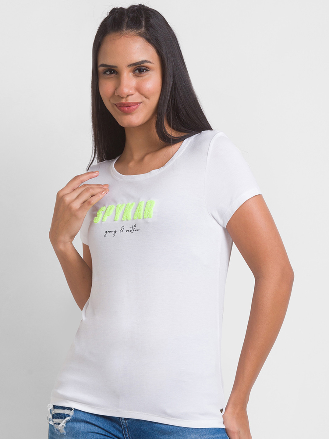 Buy SPYKAR Women White Brand Logo Printed T Shirt - Tshirts for Women ...