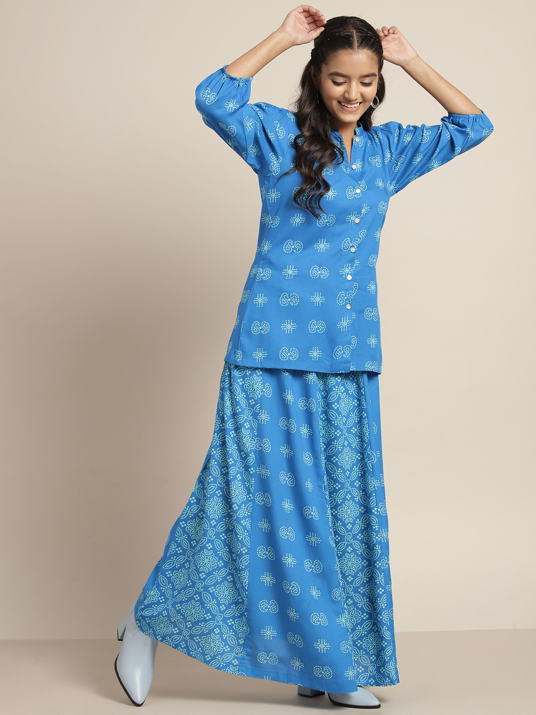 Buy Sangria Teen Girls Blue Bandhani Mandarin Neck Puff Sleeves Ready ...