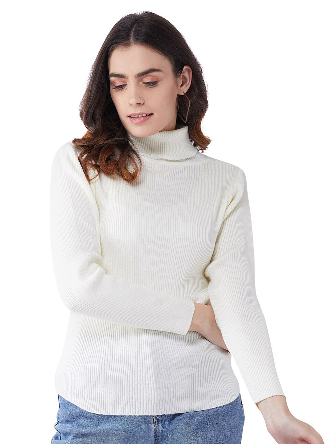 Buy RVK Women Off White Ribbed Acrylic Pullover Sweater - Sweaters for ...