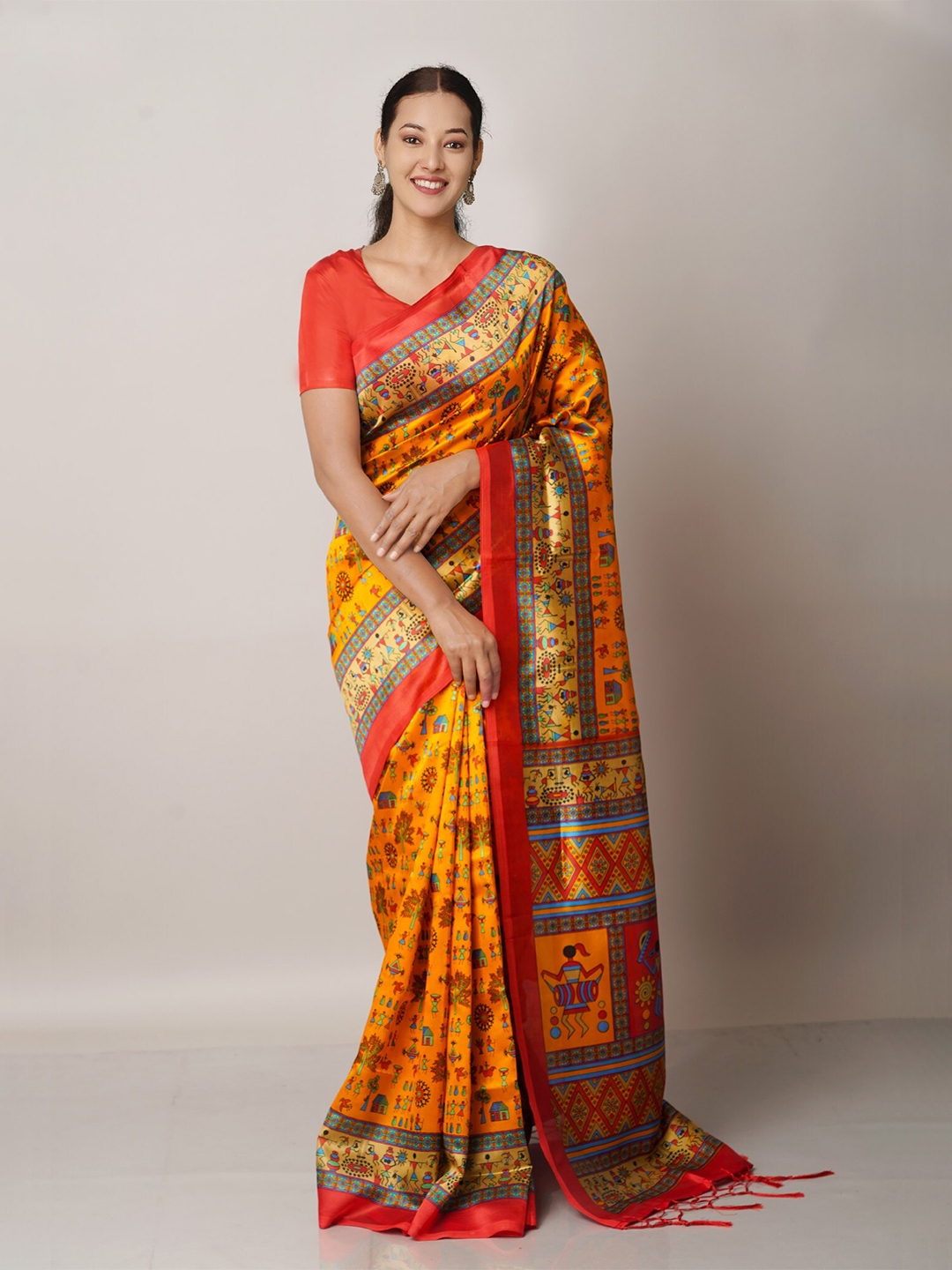 Buy Unnati Silks Orange & Blue Ethnic Motifs Art Silk Block Print Saree ... Buy Unnati Silks Orange & Blue Ethnic Motifs Art Silk Block Print Saree ...