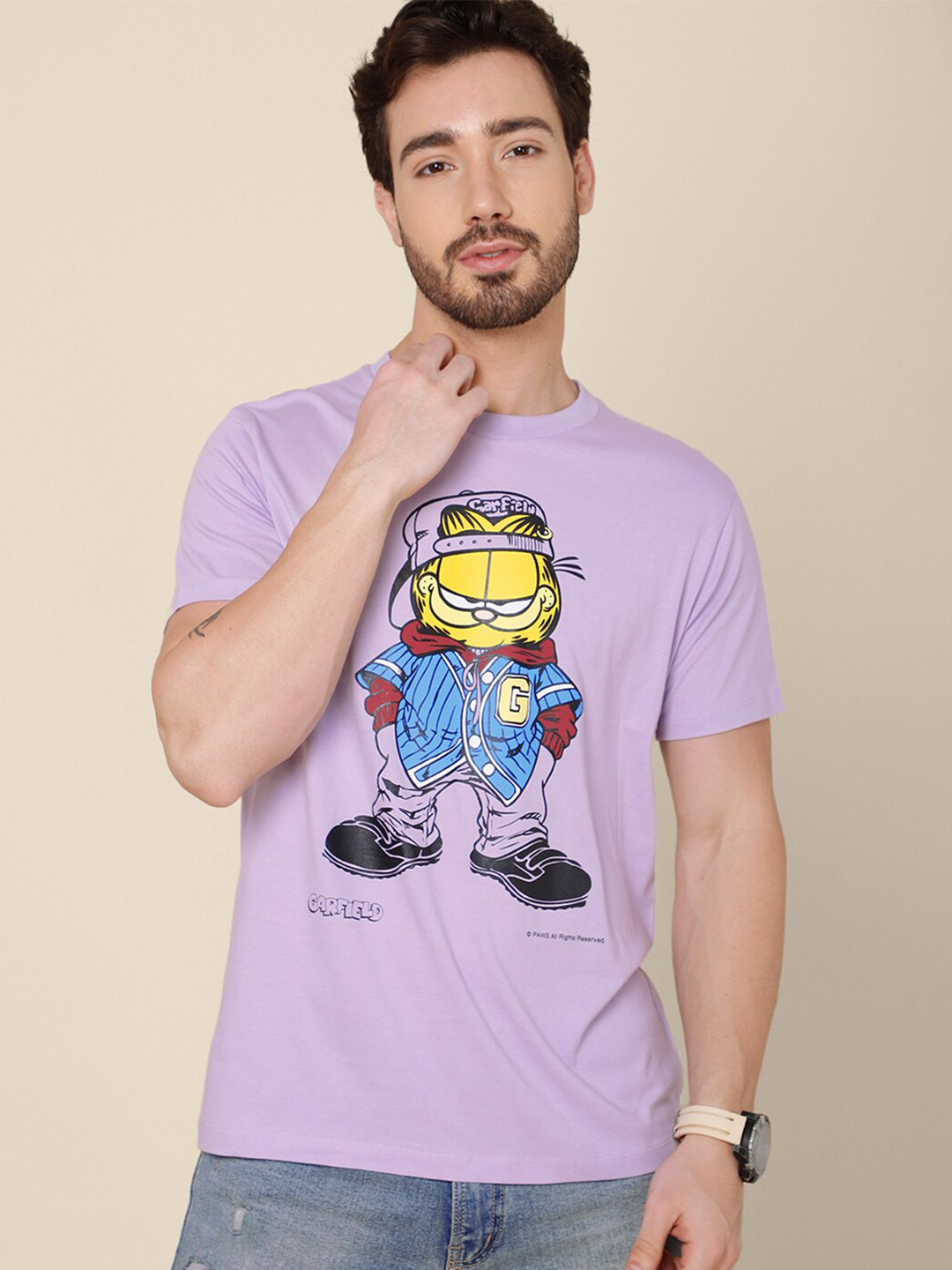 Buy Free Authority Men Purple Garfield Printed Pure Cotton T Shirt ...