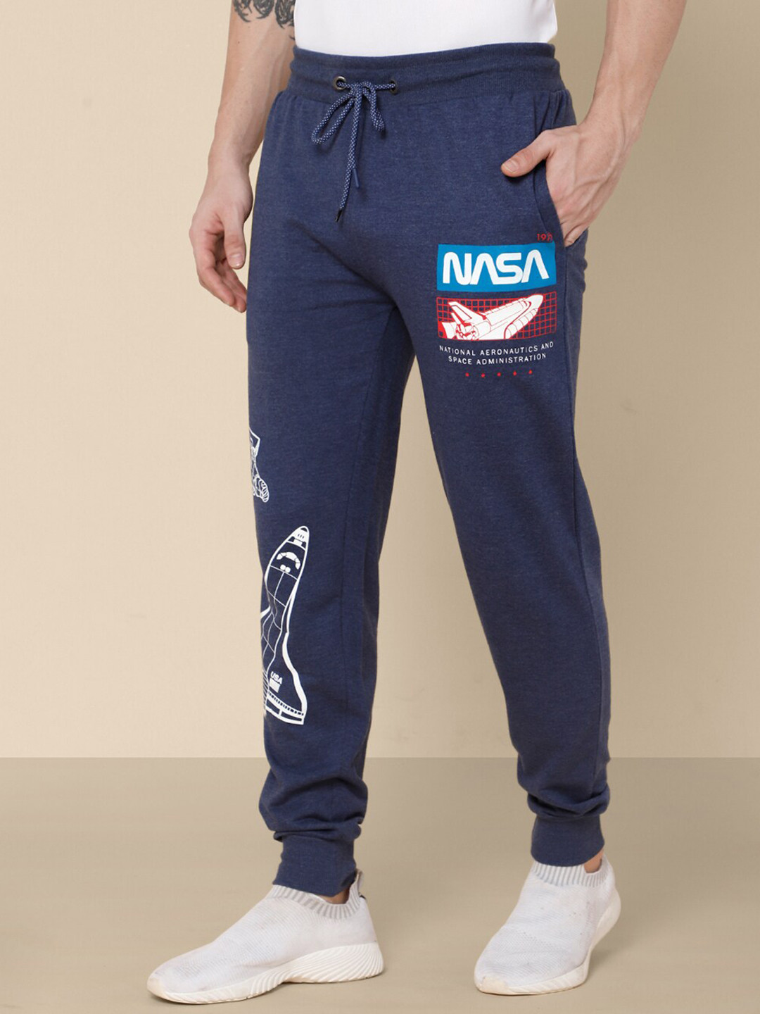 Buy Free Authority Men Navy Blue NASA Graphic Printed Cotton Joggers ...