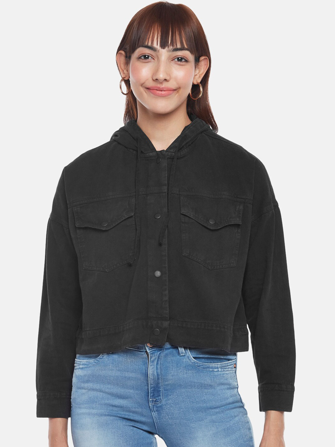 Buy People Women Black Cotton Crop Denim Jacket - Jackets for Women ...
