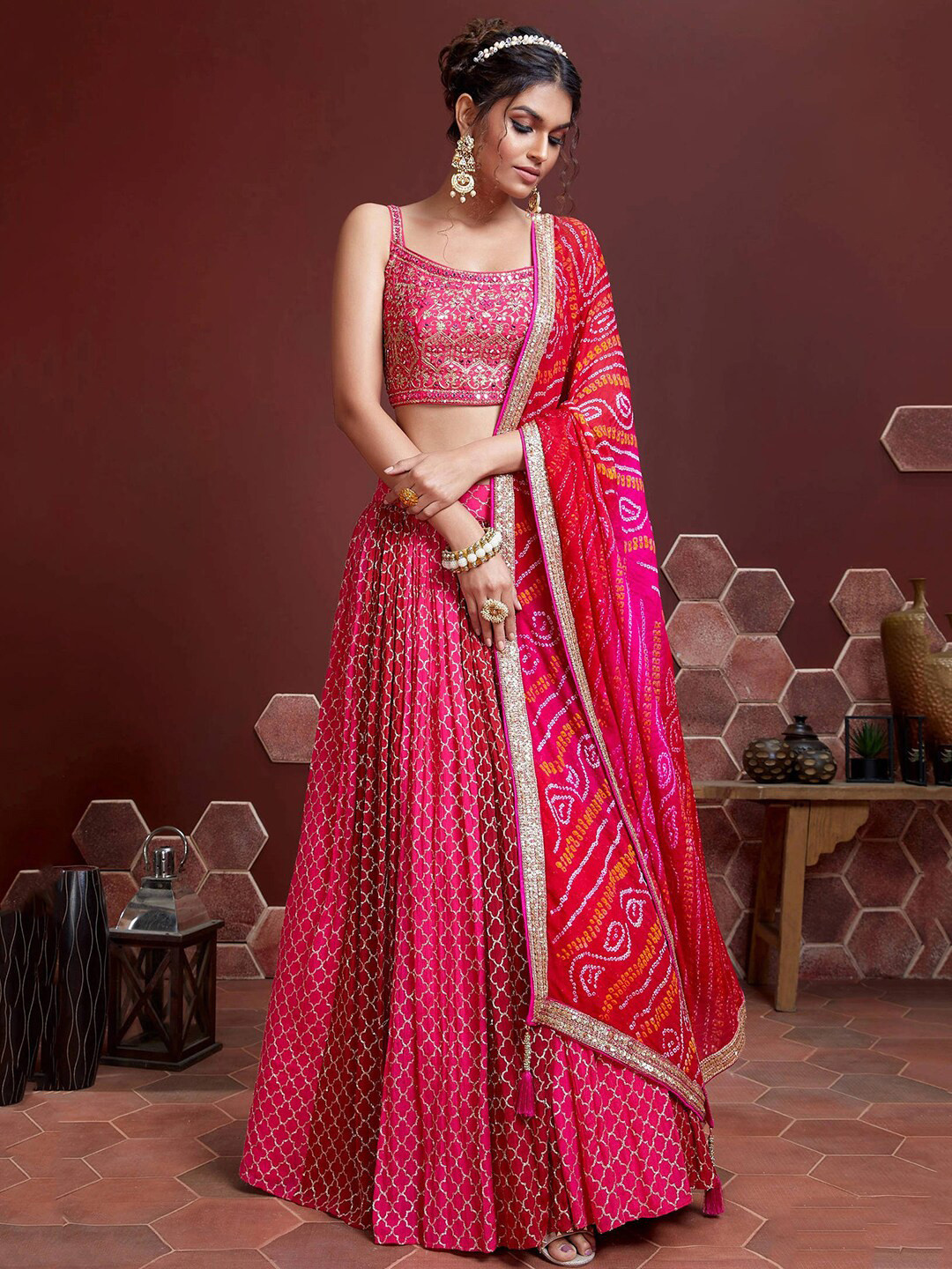 Buy FABPIXEL Pink & White Embellished Thread Work Semi Stitched Lehenga ...