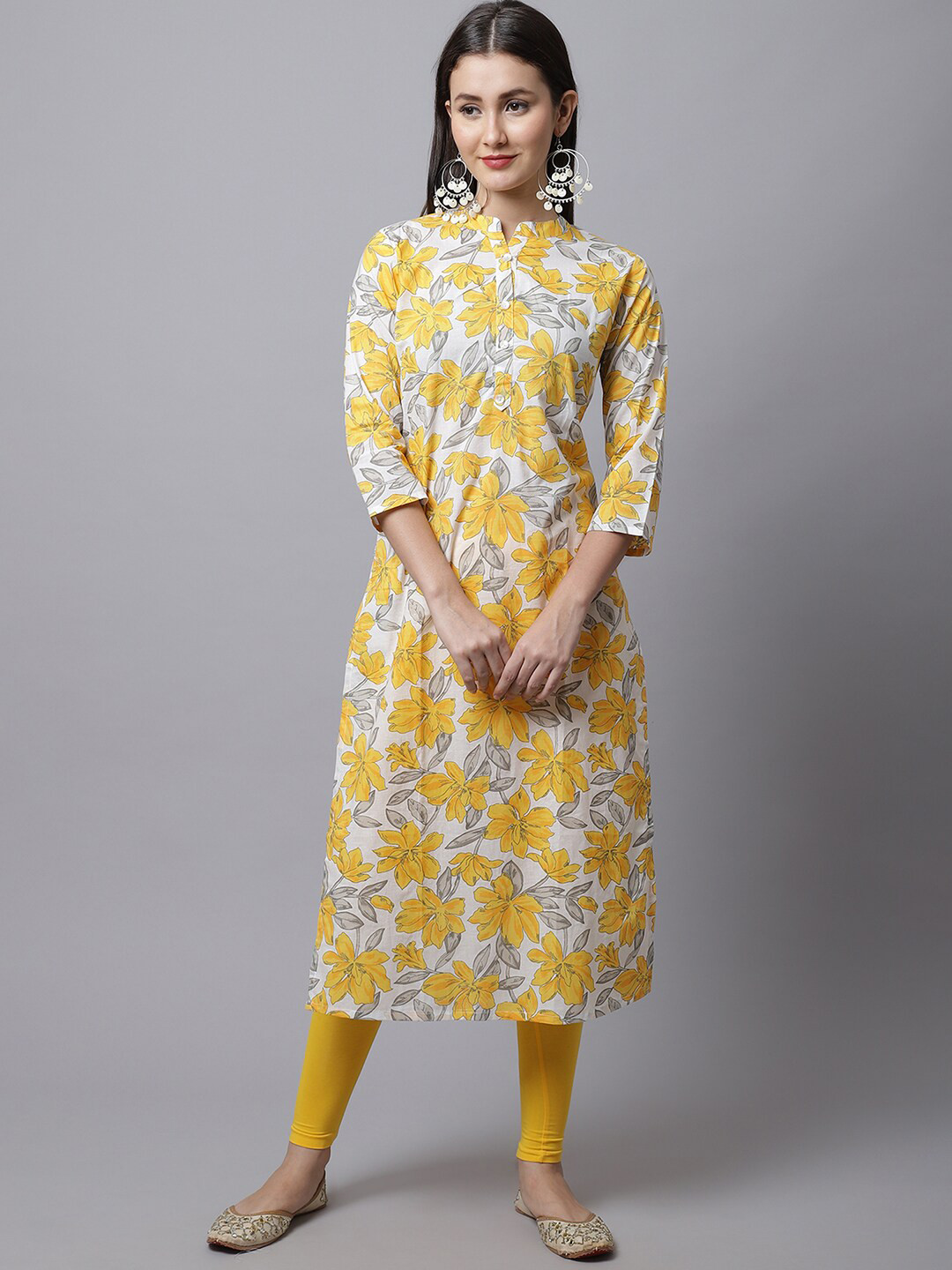 Buy Pistaa Women Yellow Printed Straight Cotton Kurta - Kurtas for ...