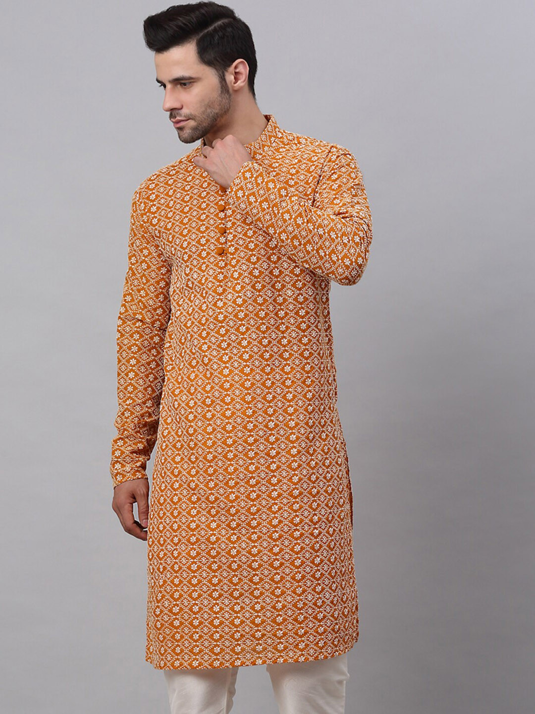 Buy Jompers Men Mustard Yellow Floral Embroidered Pure Cotton Kurta ...