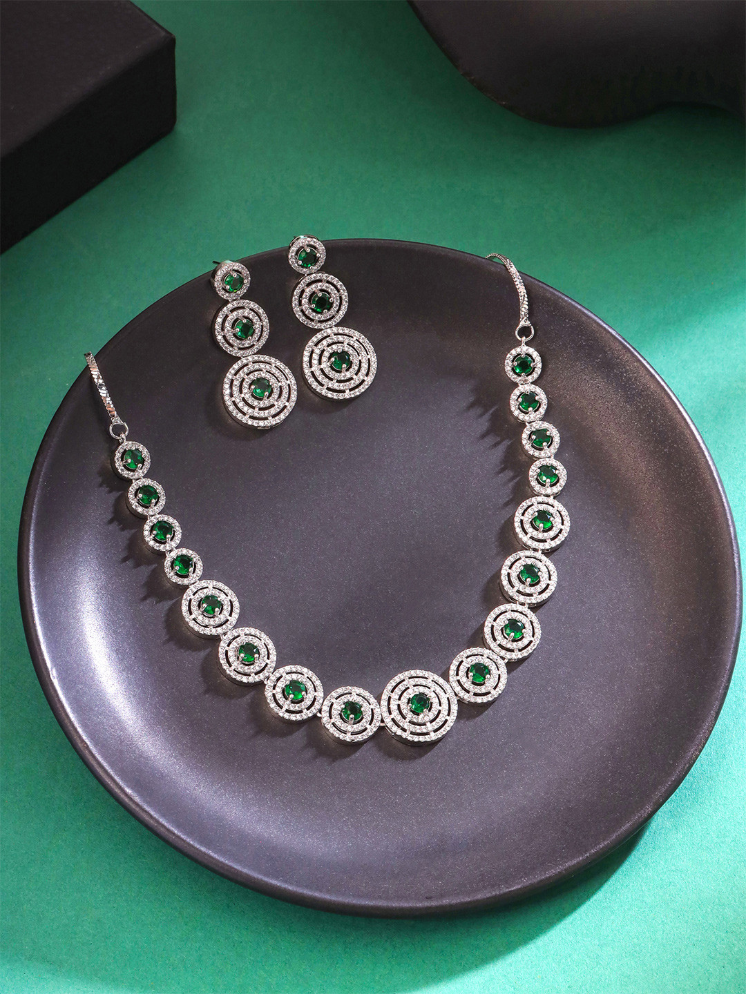 Buy Yellow Chimes Rhodium Plated American Diamond Studded Jewellery Set ...