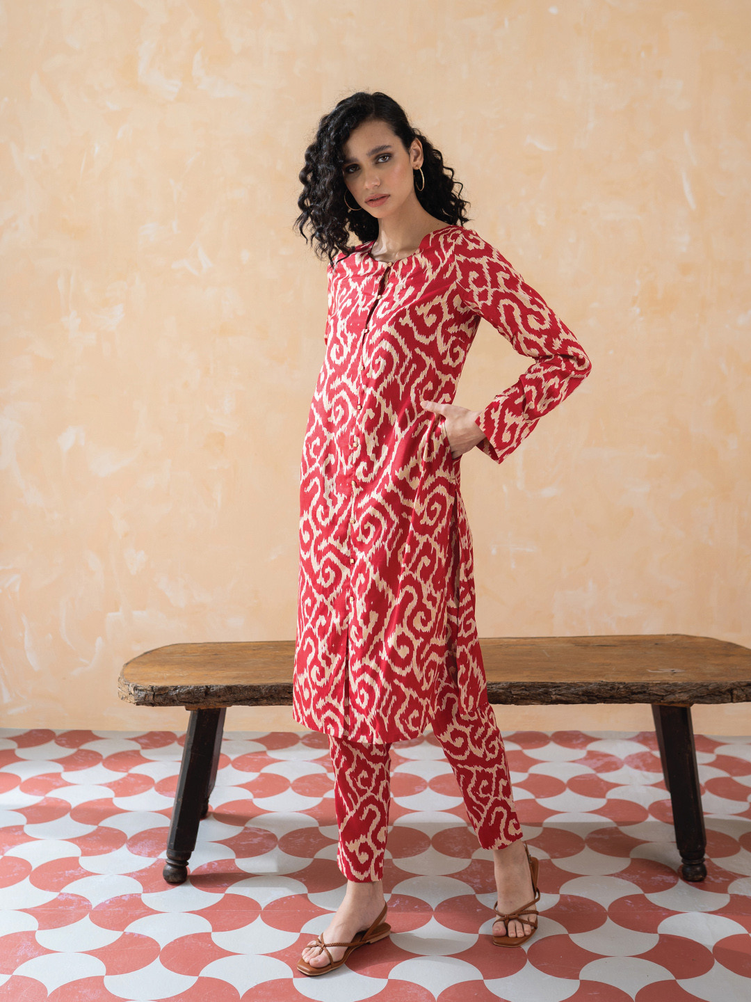 Buy W Women Red Ikkat Printed Kurta With Slim Pants Co Ord Set - Kurta ...