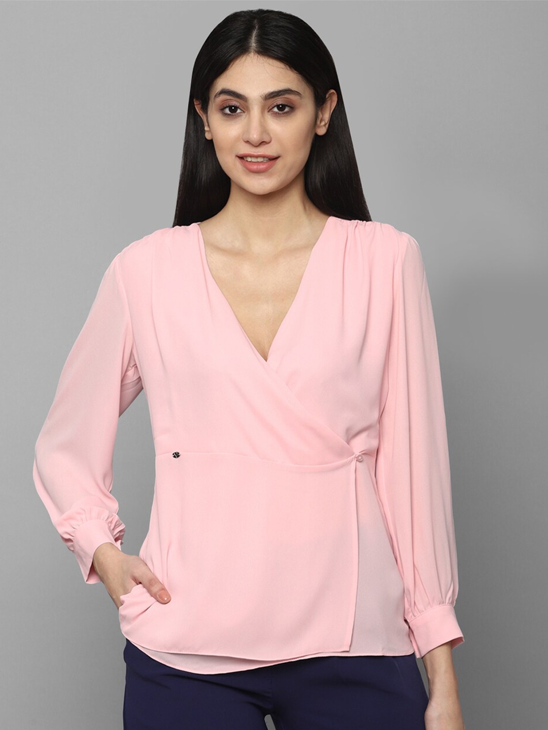 Buy Allen Solly Woman Pink Solid V Neck Long Sleeves Wrap Top Tops