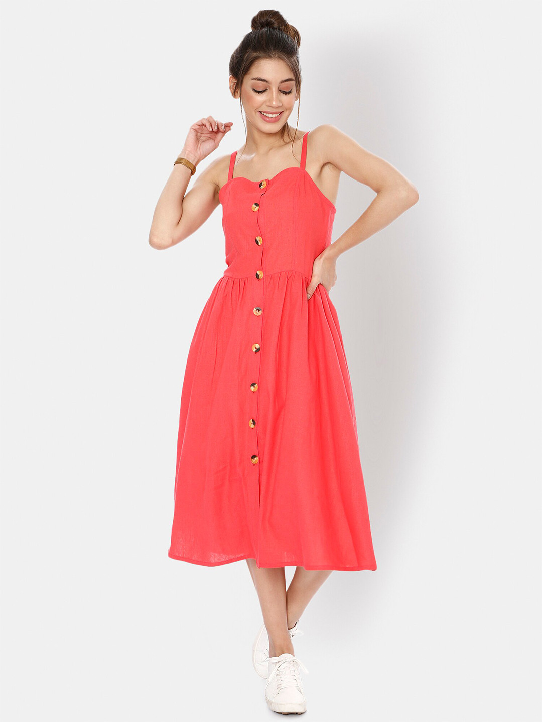 Buy I Love She Red Linen Solid A Line Midi Dress - Dresses for Women ...