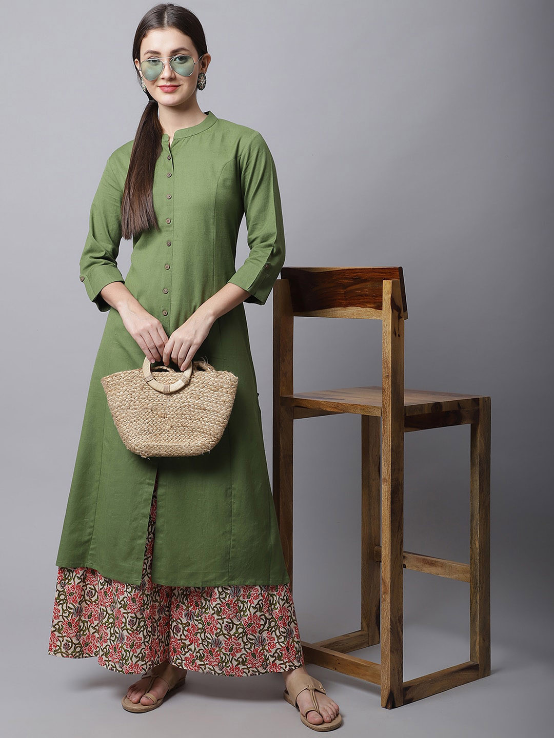 Buy Pistaa Women Solid Panelled Kurta With Palazzos - Kurta Sets for ...
