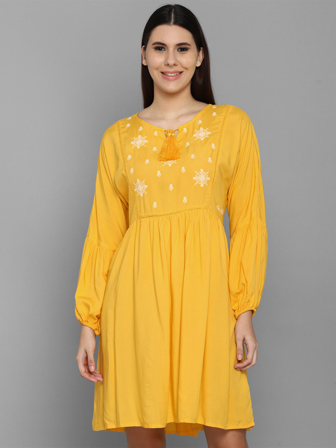 Buy Allen Solly Woman Women Yellow Floral Embroidered Pure Cotton Dress ...