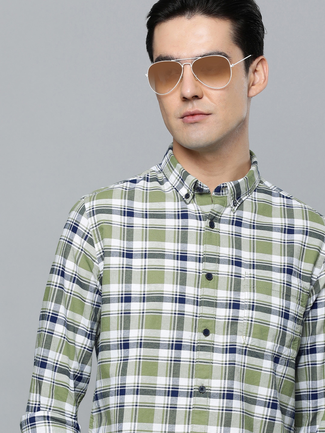 Buy Flying Machine Men Olive Green Standard Tartan Checks Opaque Pure