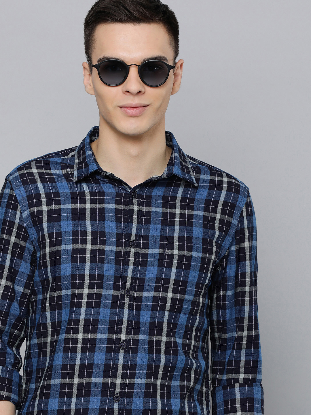 Buy Flying Machine Men Navy Blue Standard Slim Fit Checked Casual Shirt ...