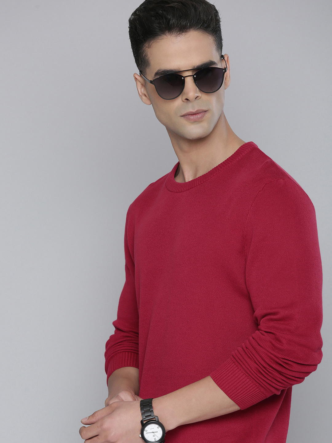 Buy Flying Machine Men Fuchsia Pink Solid Pure Cotton Knitted Pullover ...