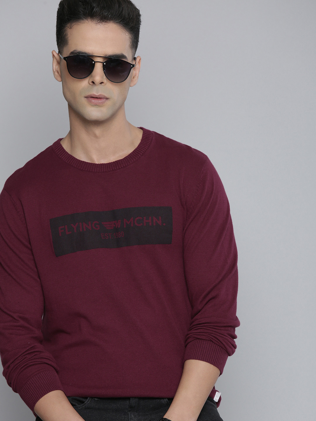 Buy Flying Machine Men Burgundy Brand Logo Printed Pure Cotton Pullover ...