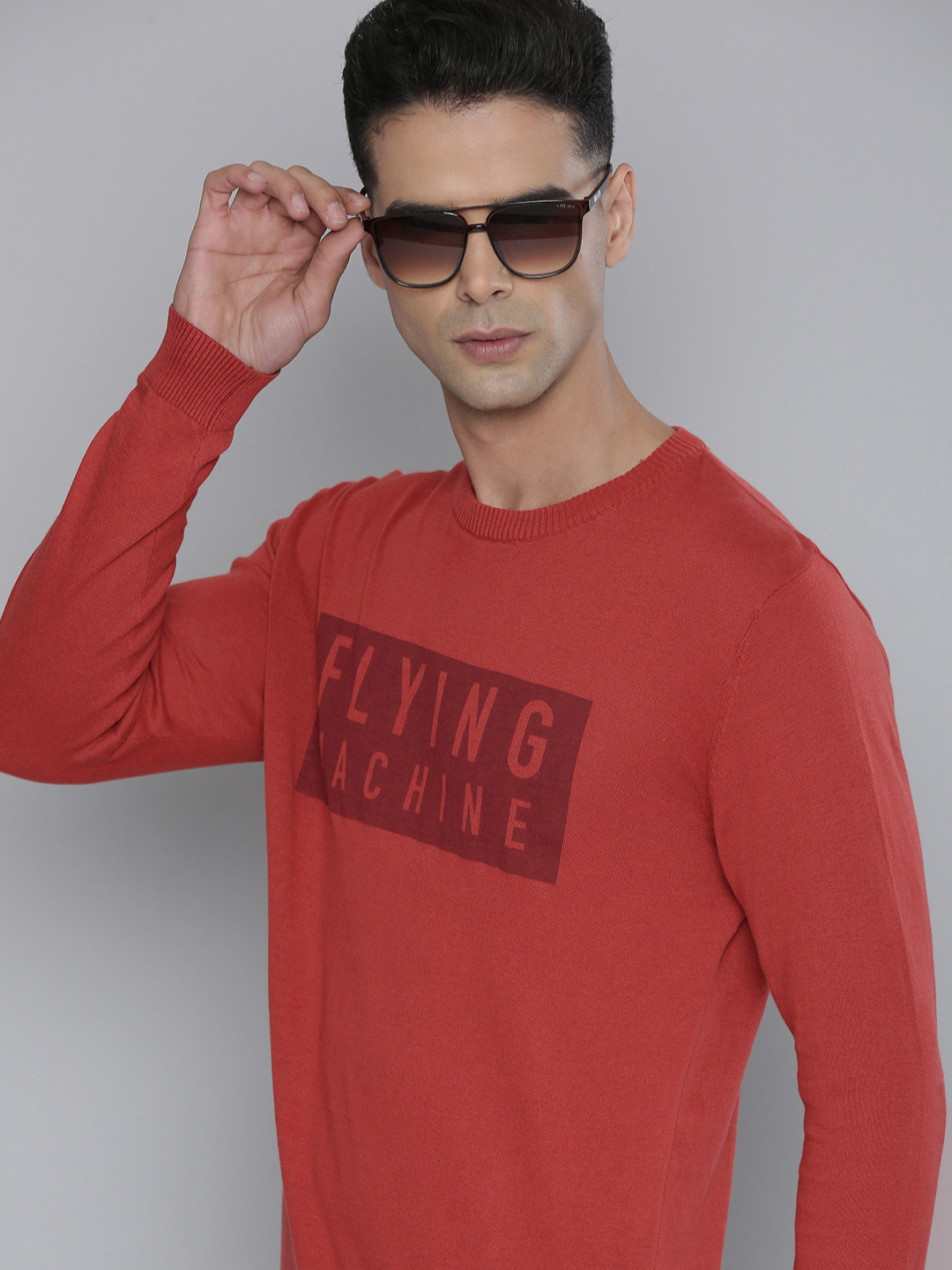 Buy Flying Machine Men Rust Red Brand Logo Printed Pure Cotton Pullover ...