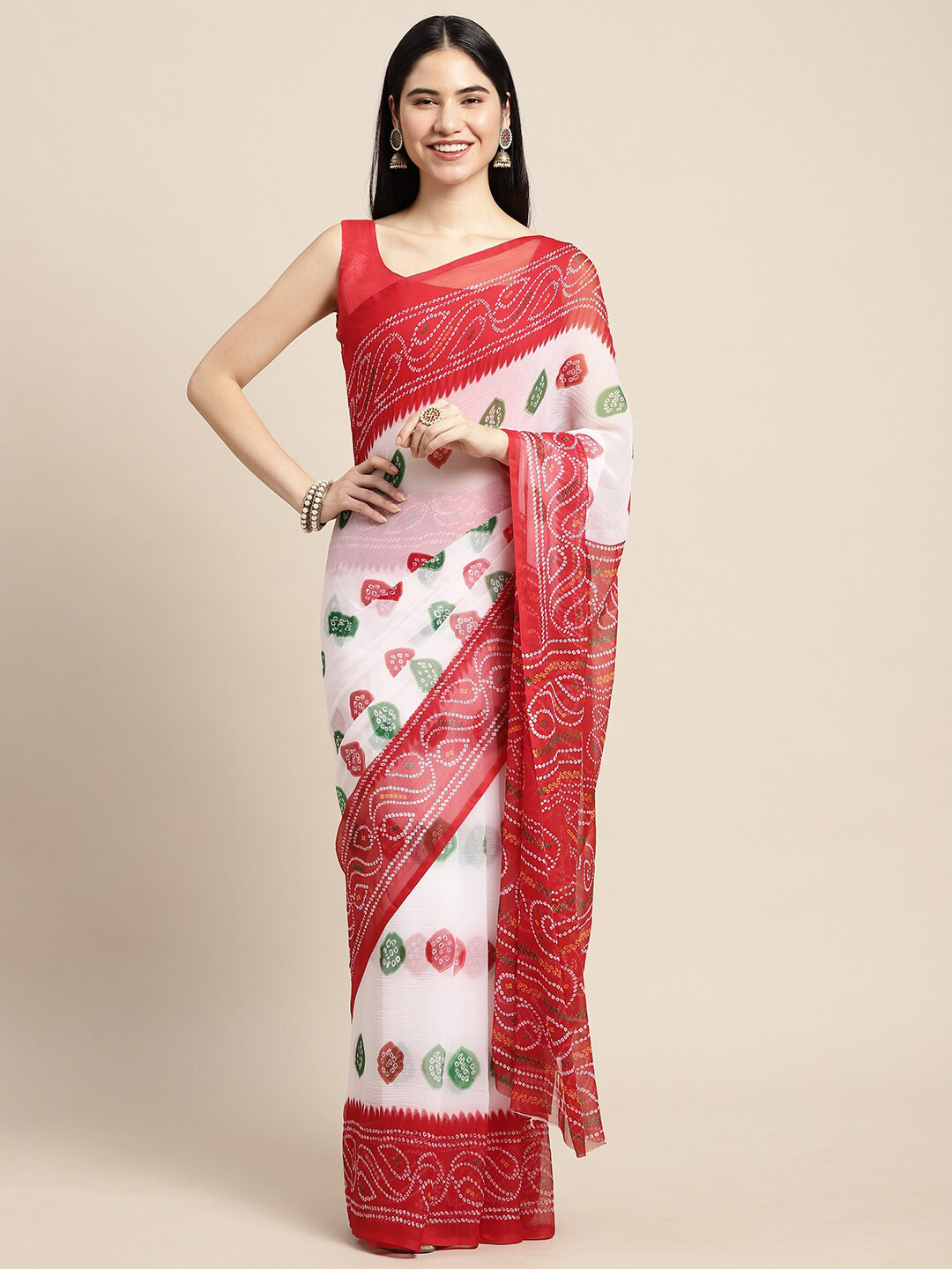 Buy Saree Mall White & Red Printed Bandhani Sarees - Sarees for Women ...