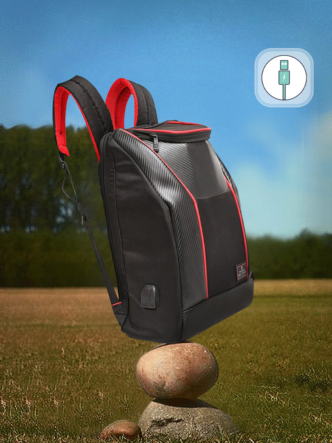 Buy SWISS MILITARY Unisex Black & Red Backpack With USB Charging Port ...