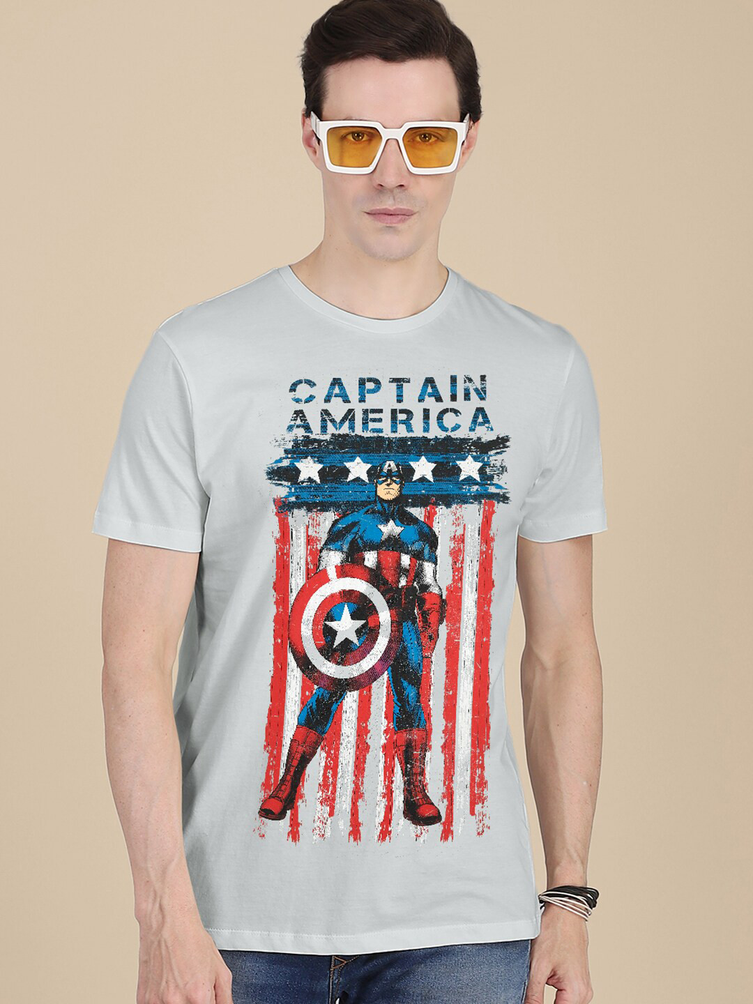 Buy Free Authority Men Grey Captain America Printed Pure Cotton T Shirt ...