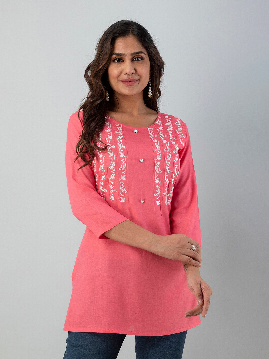 Buy CKM Women Peach And White Floral Embroidered Pleated Long Line Top ...