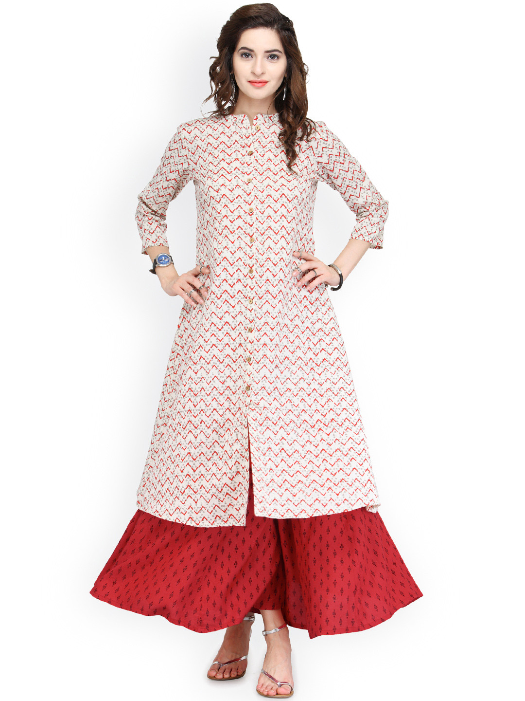 Buy Varanga Women White & Red Printed Kurta With Palazzos - Kurta Sets ...