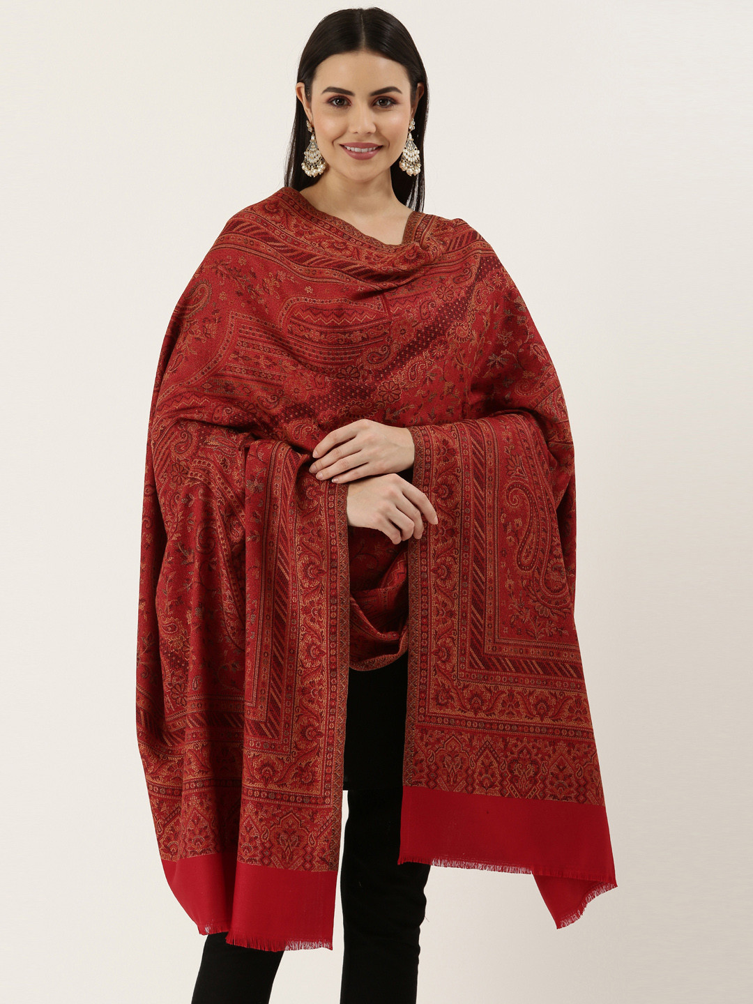 Buy Pashmoda Women Red Woven Design Jamawar Shawl - Shawl for Women ...
