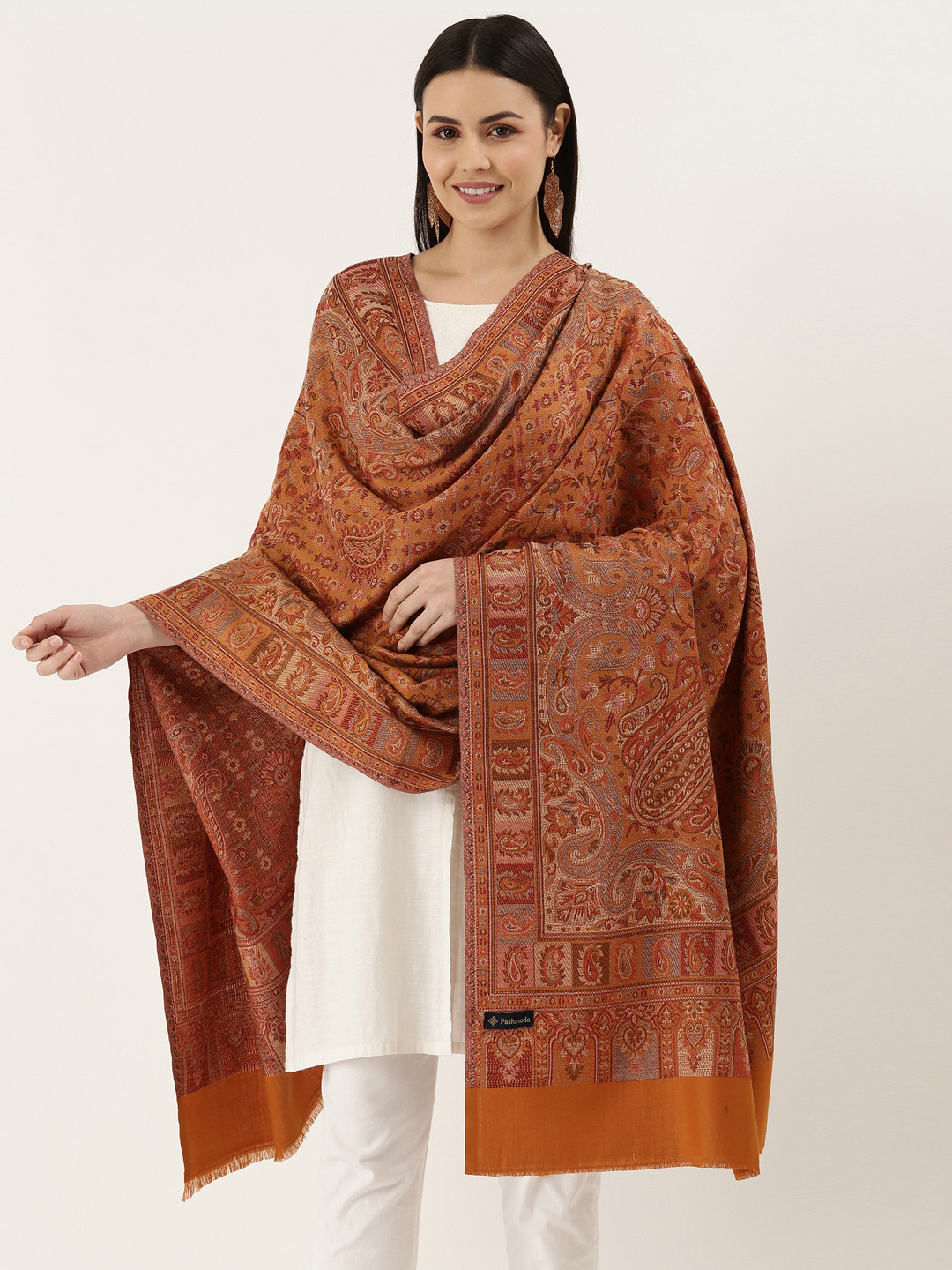 Buy Pashmoda Woman Mustard Woven Design Jamawar Shawl - Shawl for Women ...