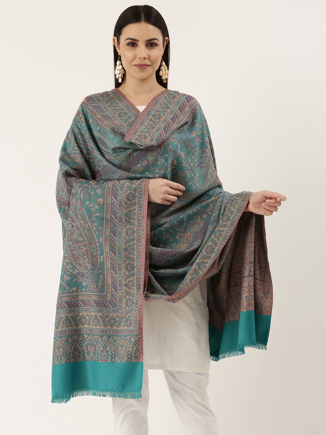 Buy Pashmoda Women Teal Woven Design Wool Jamawar Shawl - Shawl for ...