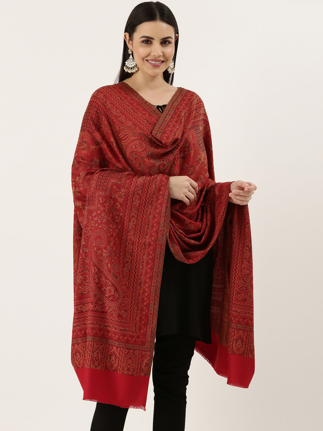 Buy Pashmoda Women Red Woven Design Wool Jamawar Shawl - Shawl for ...
