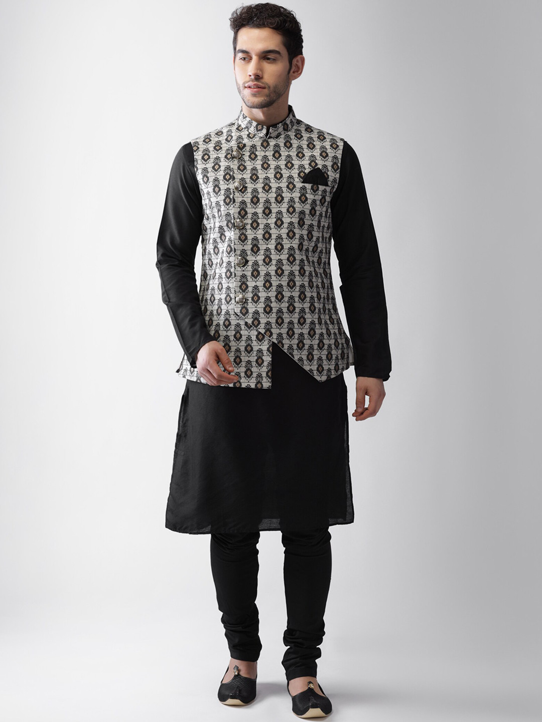 Buy KISAH Men Black Solid Kurta With Churidar And Ethnic Motifs Nehru ...