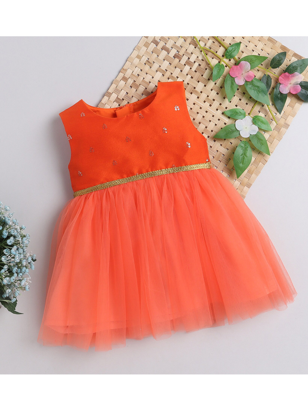 Buy MANY FROCKS & Girls Orange Fit And Flare Net Dress - Dresses for ...